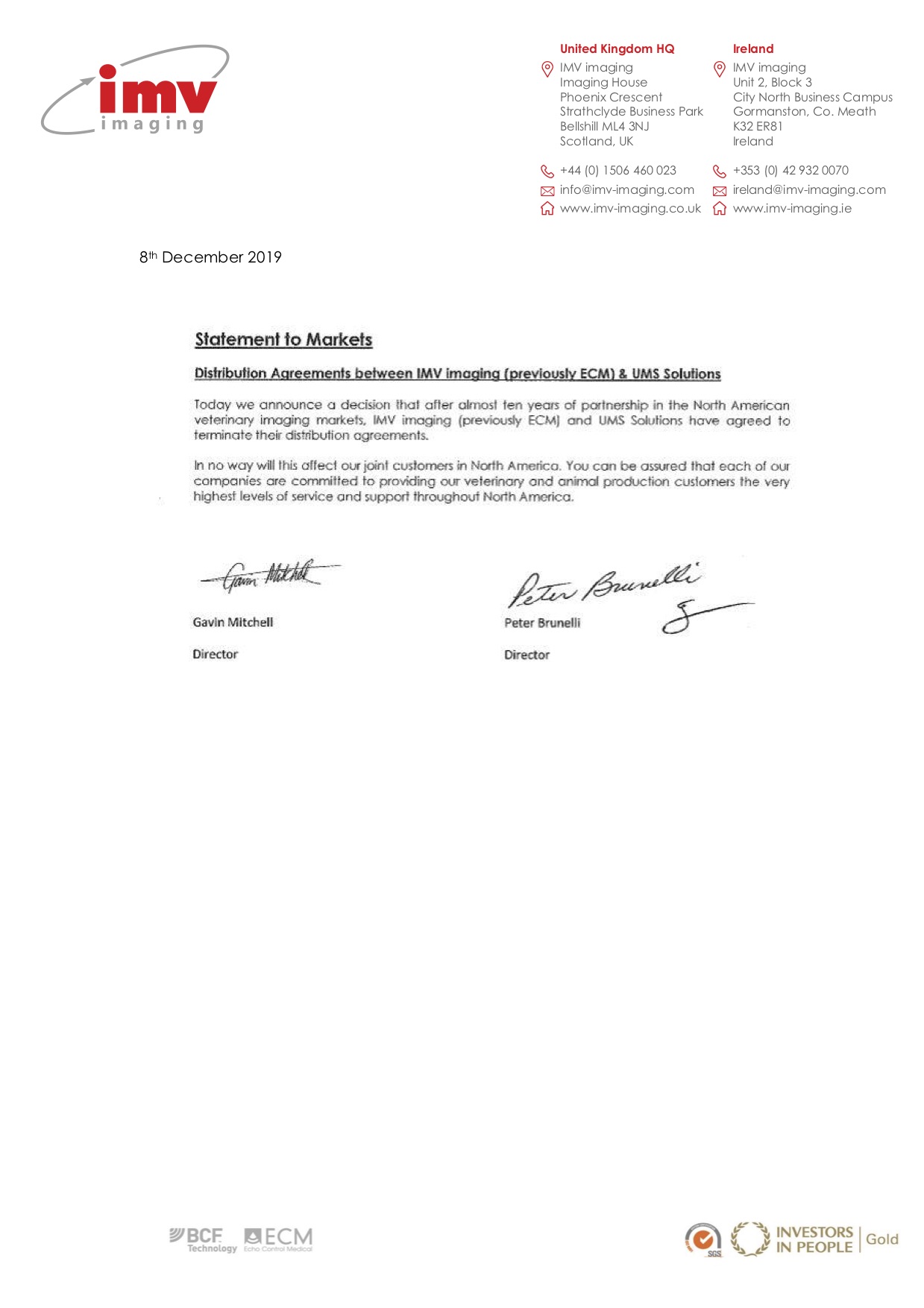 Distribution agreements between IMV imaging & UMS Solutions